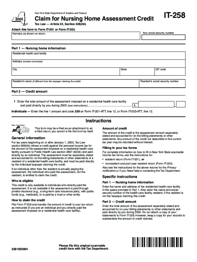 Fillable Online Form IT-258 Claim for Nursing Home Assessment Credit ...