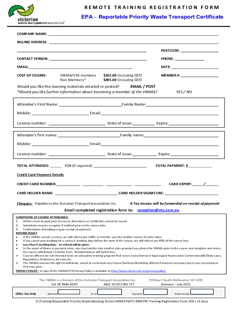 Fillable Online REMOTE TRAINING REGISTRATION FORM EPA - VWMA Fax Email ...