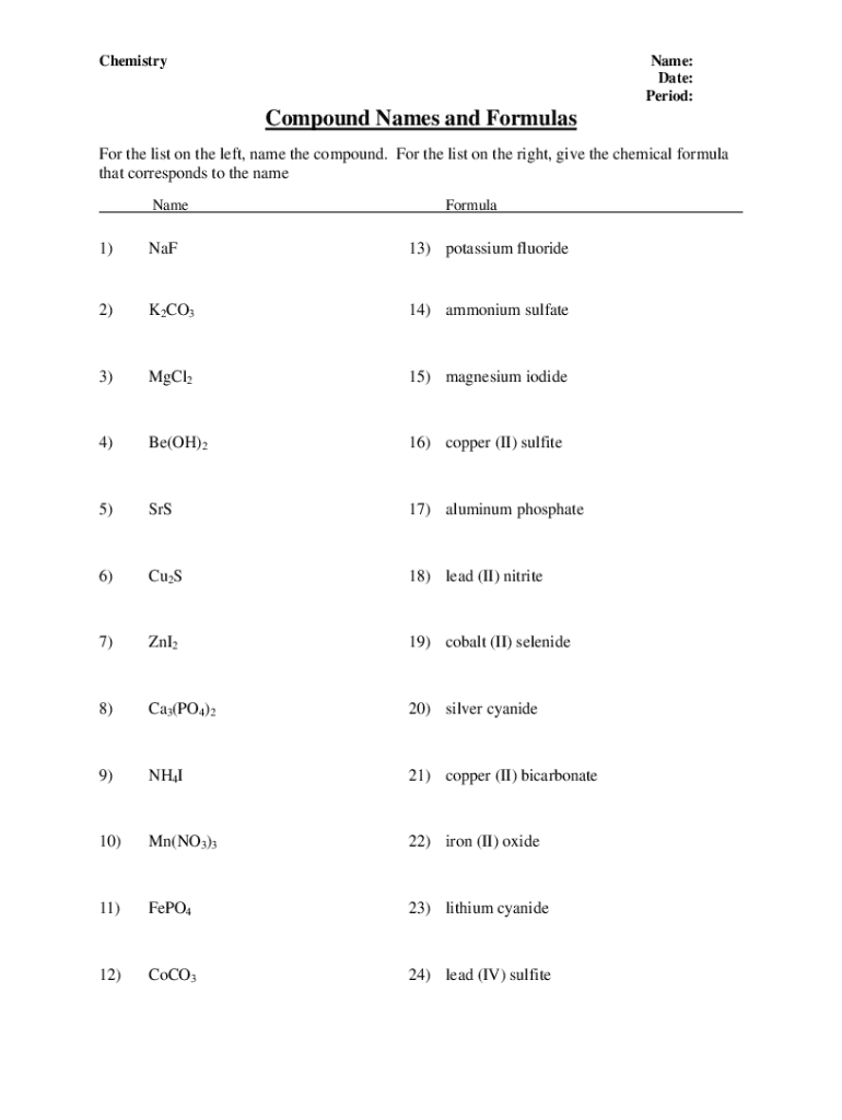 Fillable Online Compound Names and Formulas Worksheet Three Fax Email ...