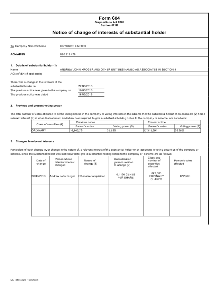 Fillable Online Form 604 substantial shareholder notice 26Mar2018 Fax ...