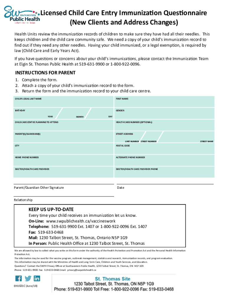 Fillable Online Licensed Child Care Entry Immunization Questionnaire ...