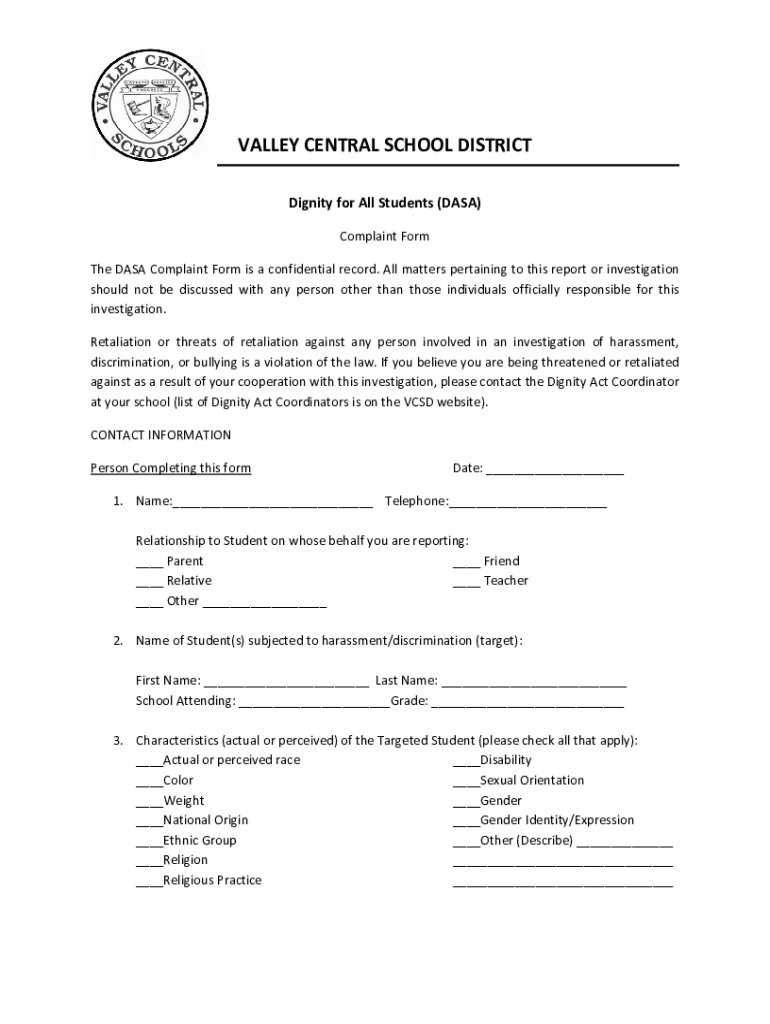 Fillable Online DASA Complaint Form - Valley Central School District ...
