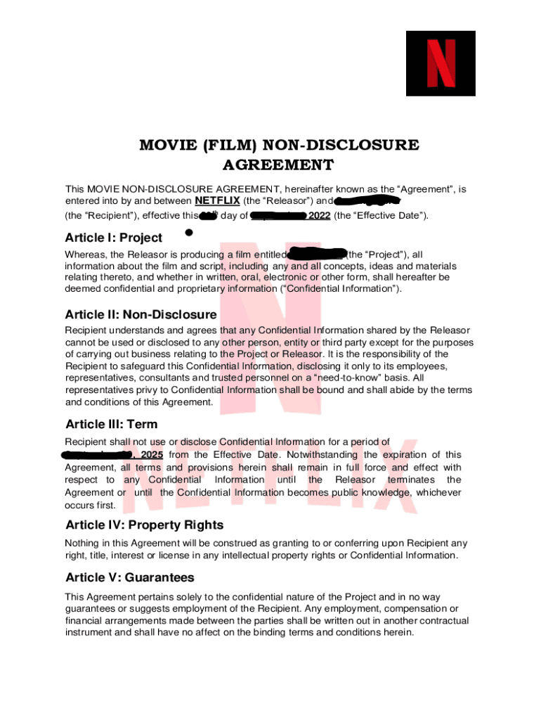 Fillable Online MOVIE (FILM) NON-DISCLOSURE AGREEMENT Writer Beware Fax ...