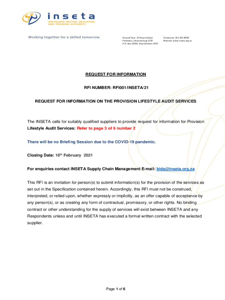 Fillable Online RFI Lifestyle Audit Fax Email Print - pdfFiller