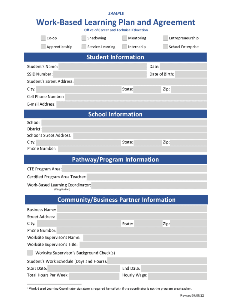Fillable Online Work-Based Learning Plan and Agreement Fax Email Print ...
