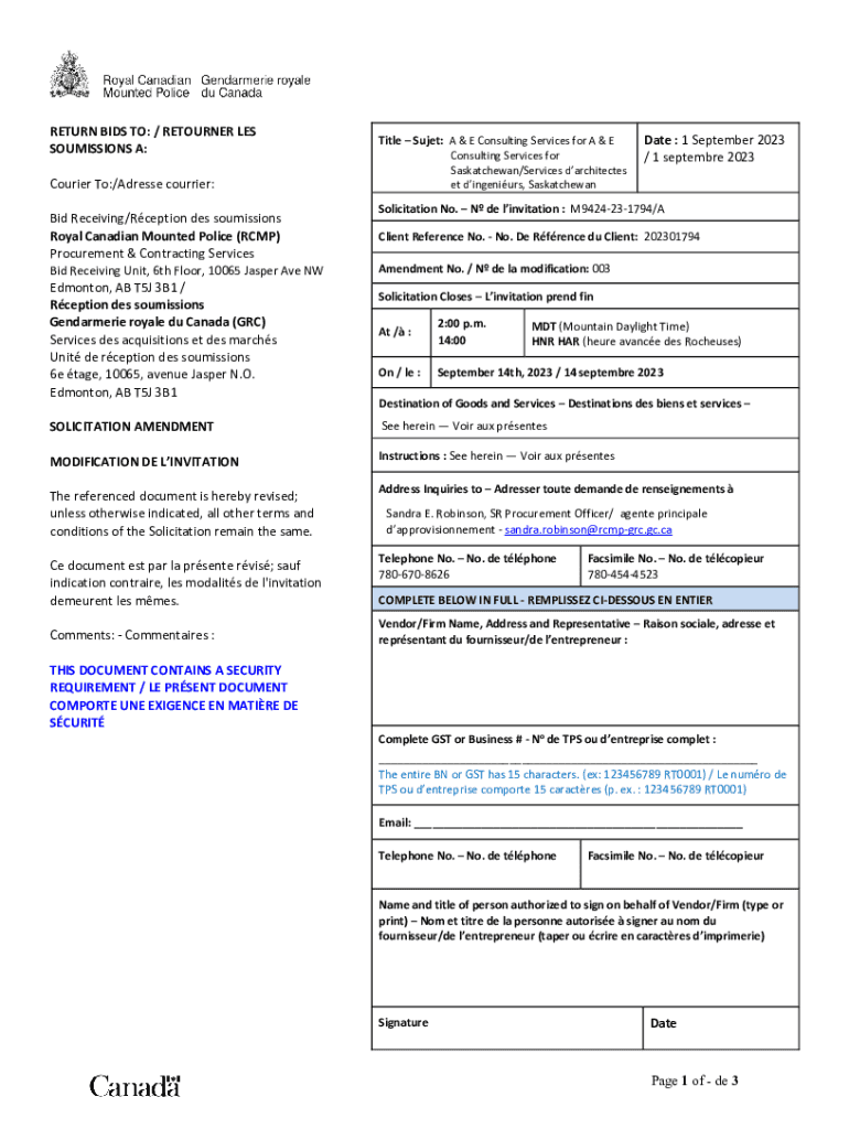 Remplissable En Ligne Get the free RETURN BIDS TO: Title - Sujet RETOURNER ... Fax Email ...