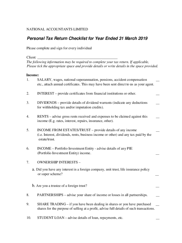 Fillable Online Personal Tax Return Checklist for Year Ended 31 March ...