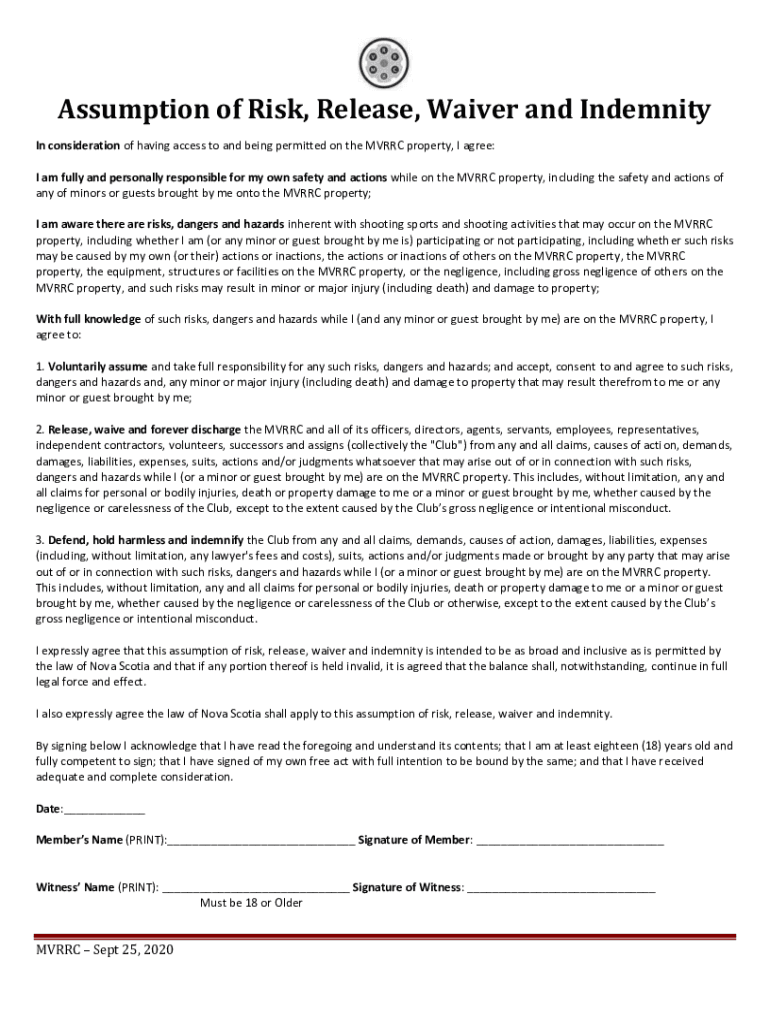 Fillable Online Assumption of Risk, Release, Waiver and Indemnity Fax ...