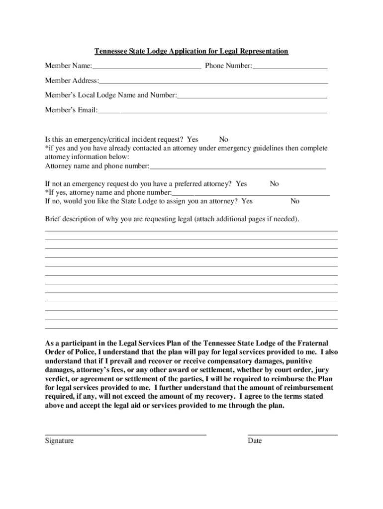 Fillable Online Tennessee State Lodge Application for Legal ...
