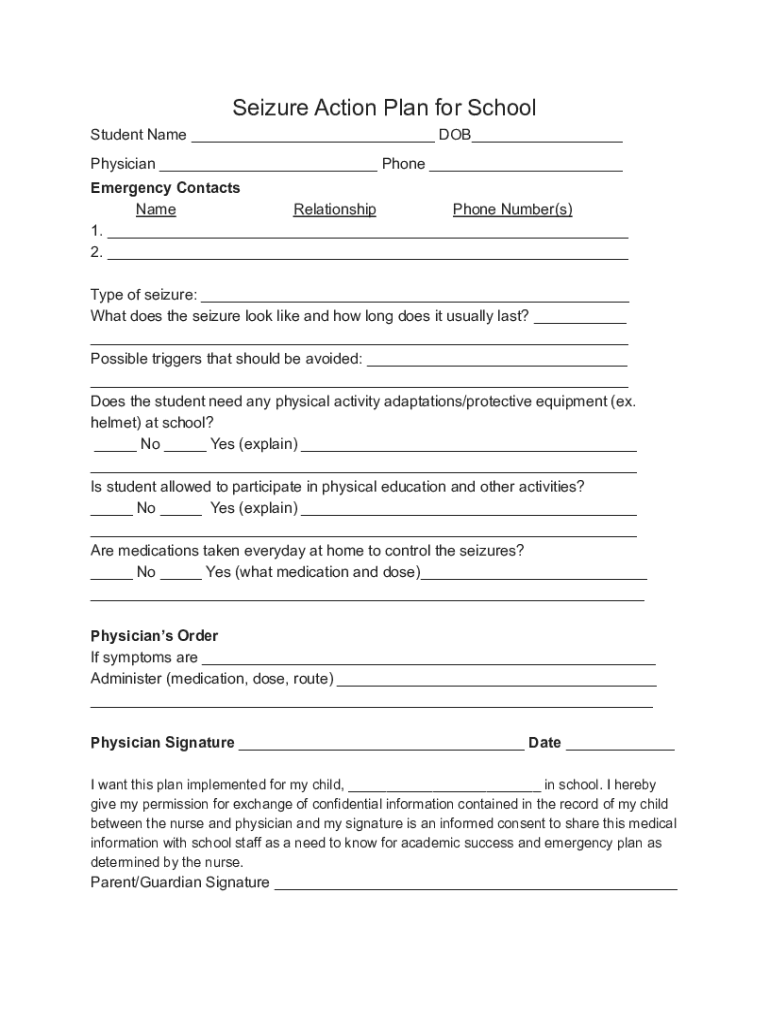 Fillable Online SEIZURE CARE PLAN AND MEDICATION ORDERS Plan Fax Email ...