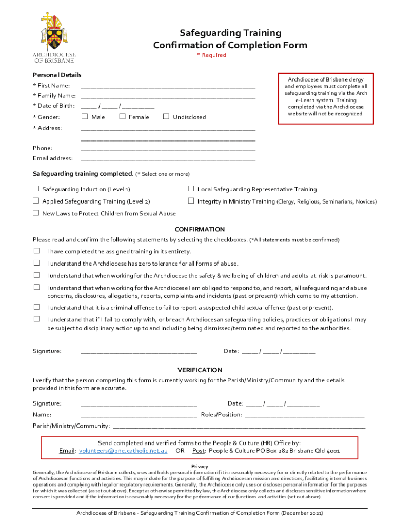 Fillable Online brisbanecatholic org Safeguarding Training Confirmation ...