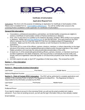 Fillable Online boa alabama Certificate of Authorization Application Request Form Fax Email ...