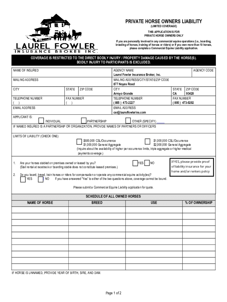 Fillable Online Private Horse Owners Liability Insurance - Around The ...