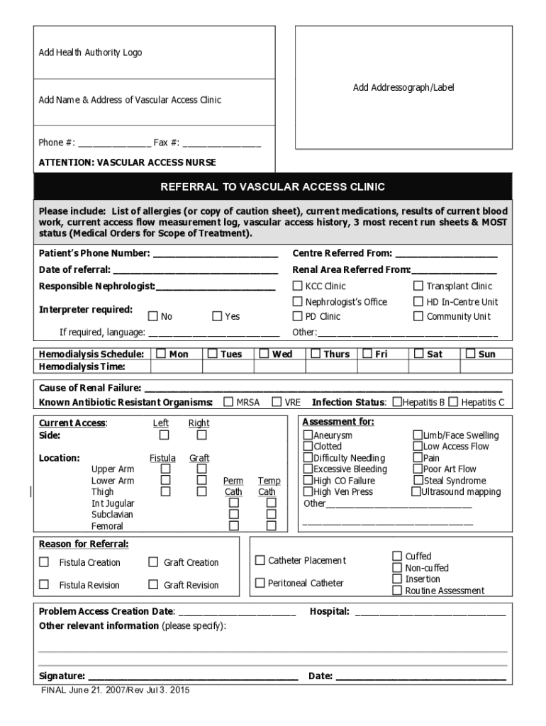 Fillable Online Referral to Vascular Access Clinic Form (Word ...