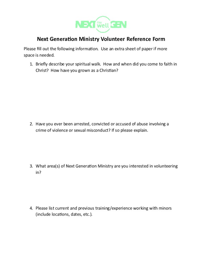 Fillable Online Next Generation Ministry Volunteer Reference Form Fax ...