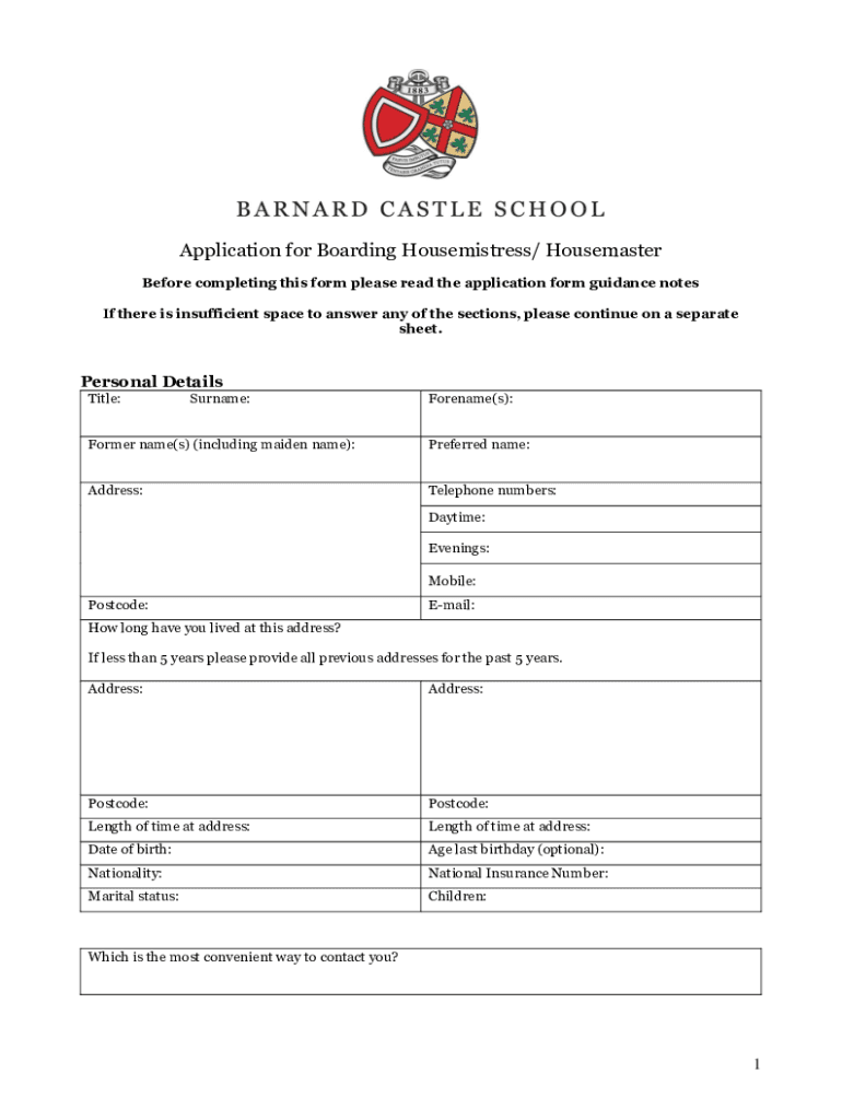 Fillable Online Application for Boarding Housemistress/ Housemaster Fax Email Print - pdfFiller