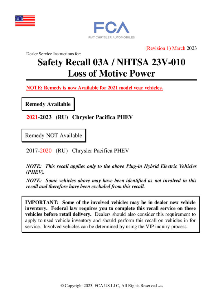 Fillable Online Safety Recall 03A / NHTSA 23V-010 Loss of Motive Power ...
