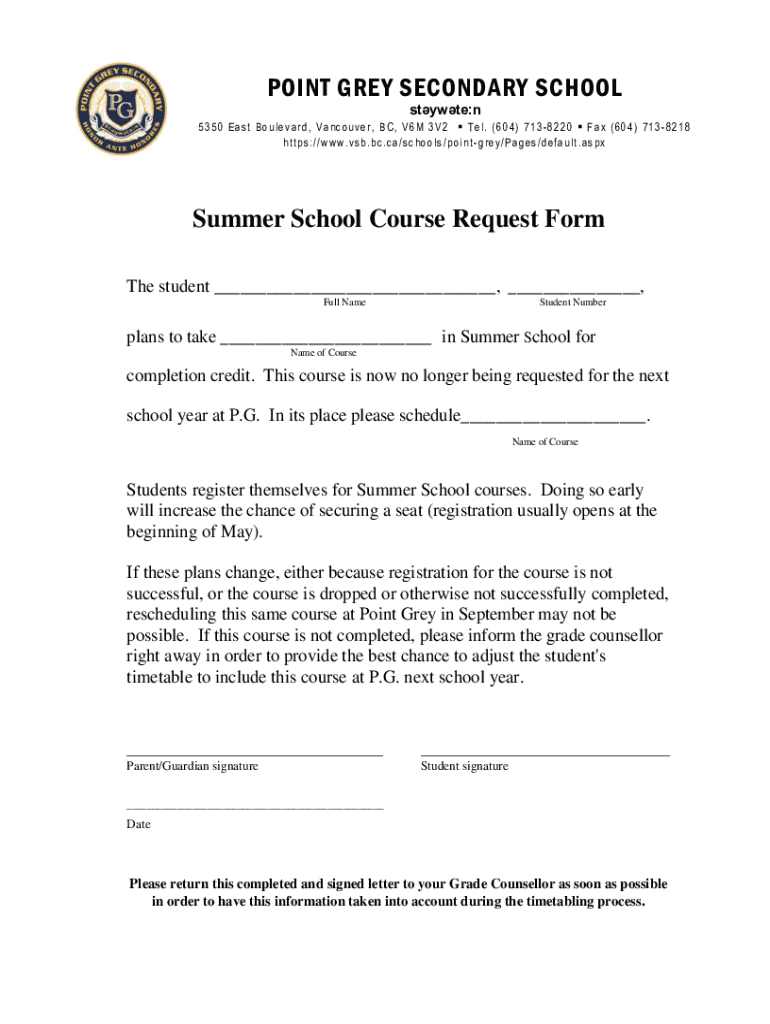Fillable Online Summer School Course Request Form Fax Email Print ...