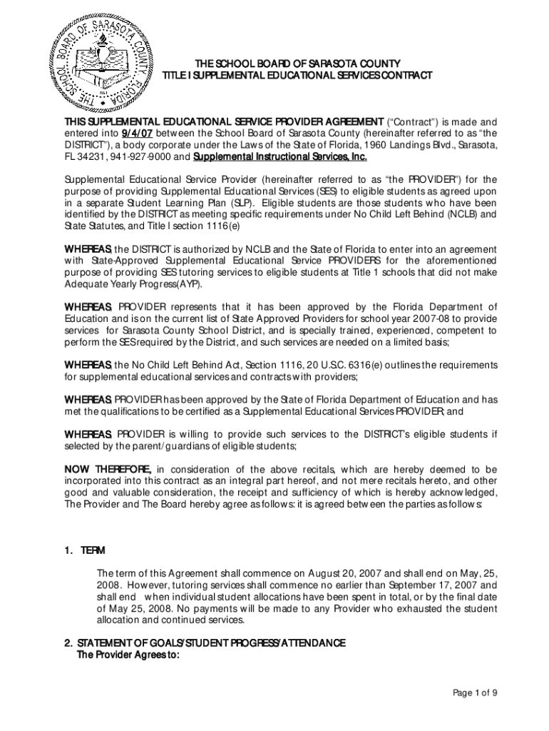 Fillable Online Supplemental educational service provider agreement Fax ...