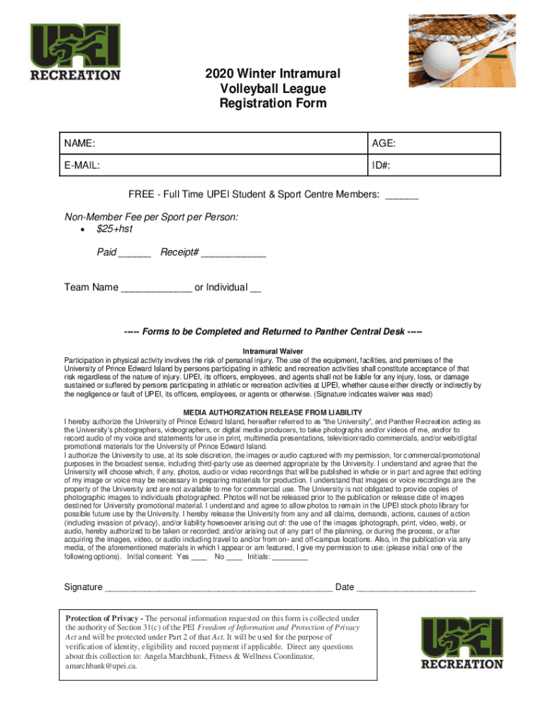 Fillable Online 2020 Winter Intramural Volleyball League Registration ...