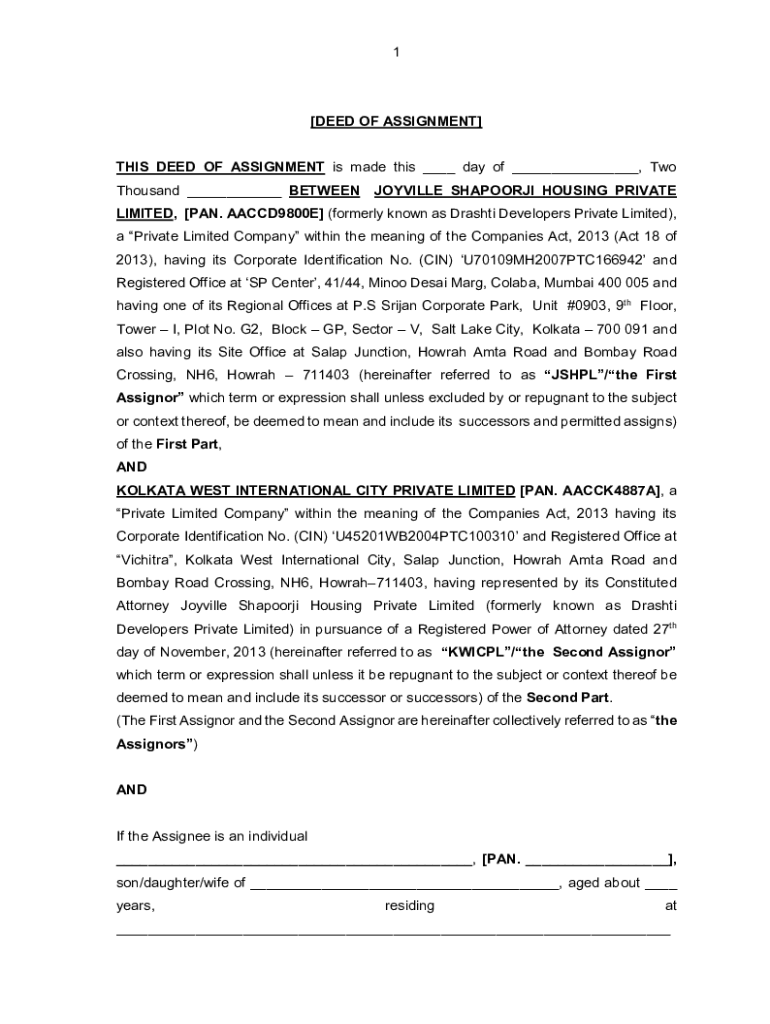 Fillable Online 1 DEED OF ASSIGNMENT THIS DEED OF ASSIGNMENT is made ...