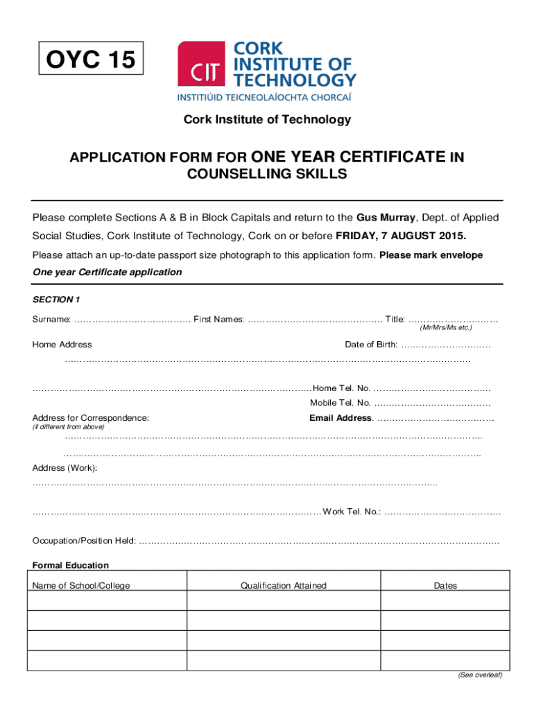 Fillable Online MTU Cork Campus - Counselling Skills (Certificate One ...