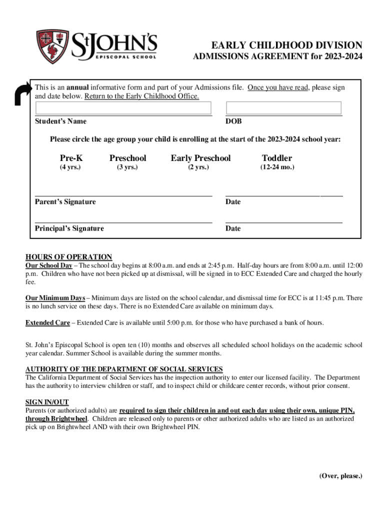 Fillable Online ADMISSIONS AGREEMENT for 2023-2024 Fax Email Print - pdfFiller