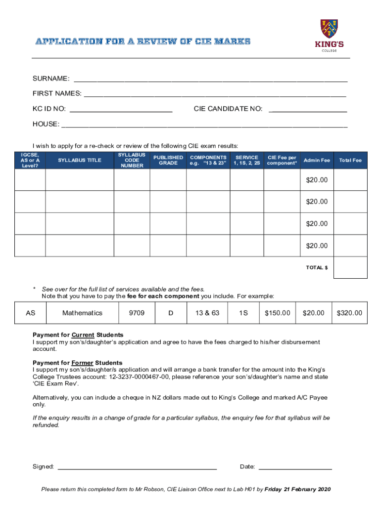 Fillable Online application for a review of cie marks - King's College ...