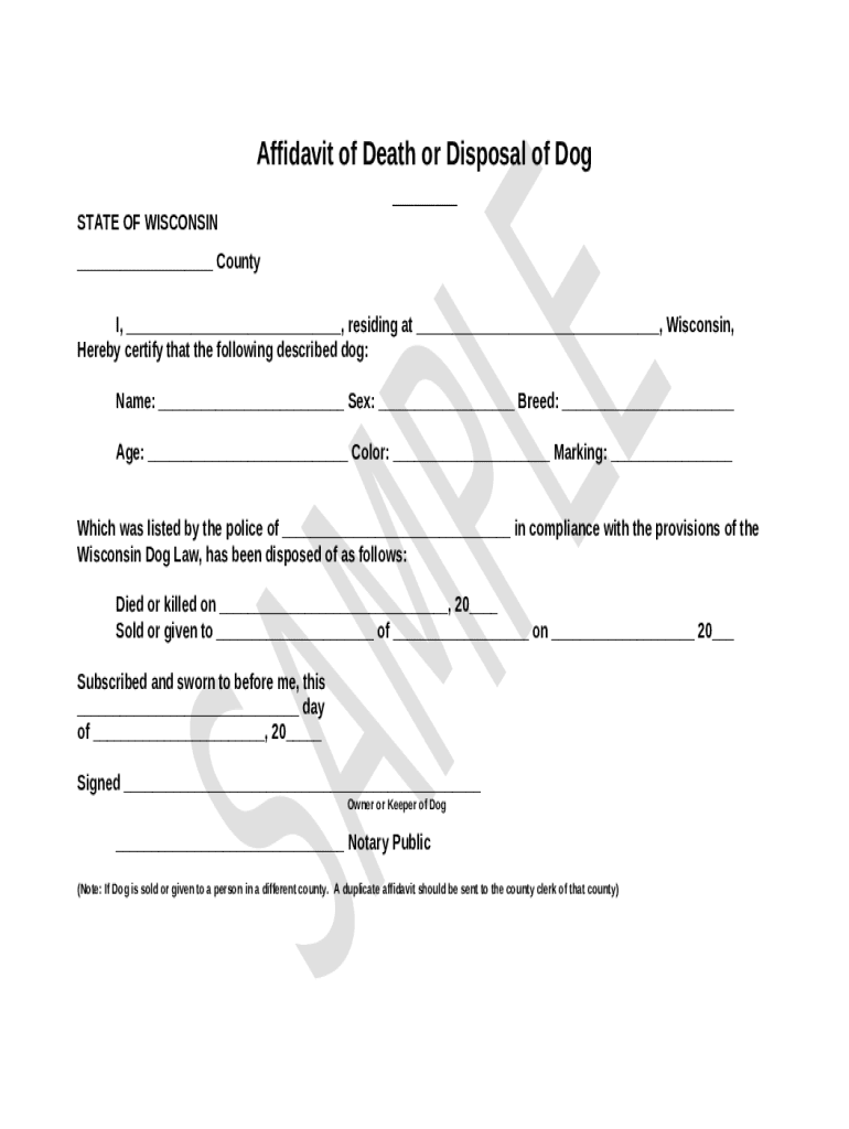 Affidavit of Death or Disposal of Dog- Town of Garfield Doc Template ...