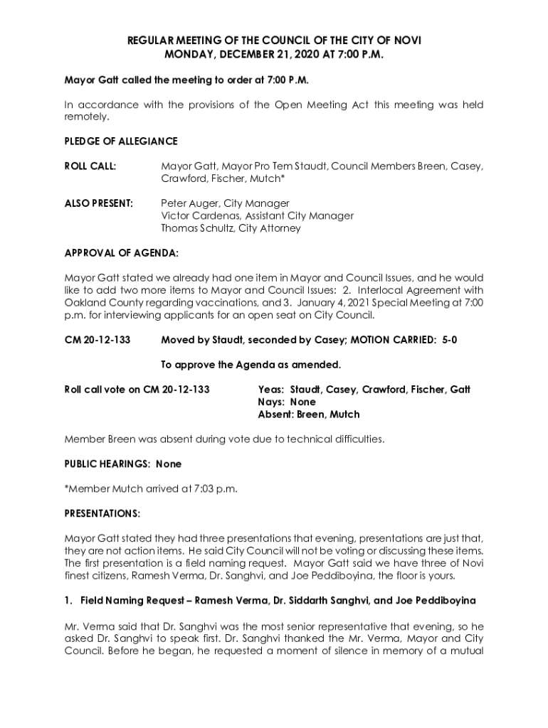 Fillable Online Mayor Gatt, Mayor Pro Tem Staudt, Council Members Breen ...