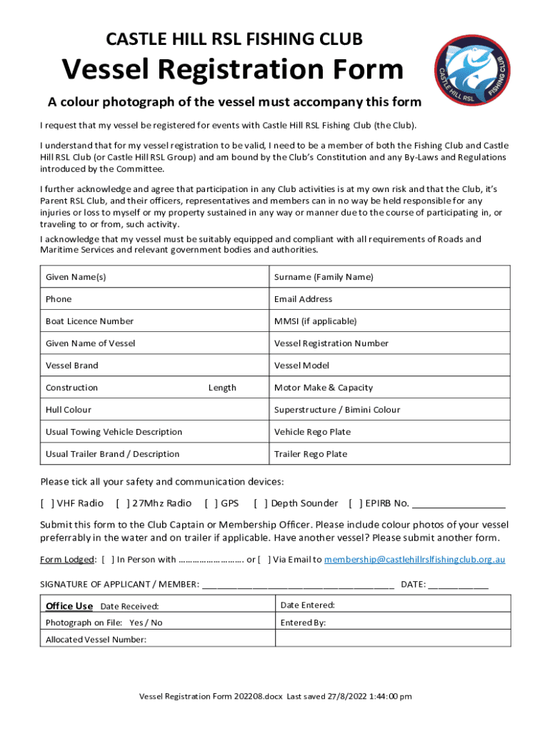 Fillable Online Castle Hill RSL Fishing Club Small Boat Registration ...