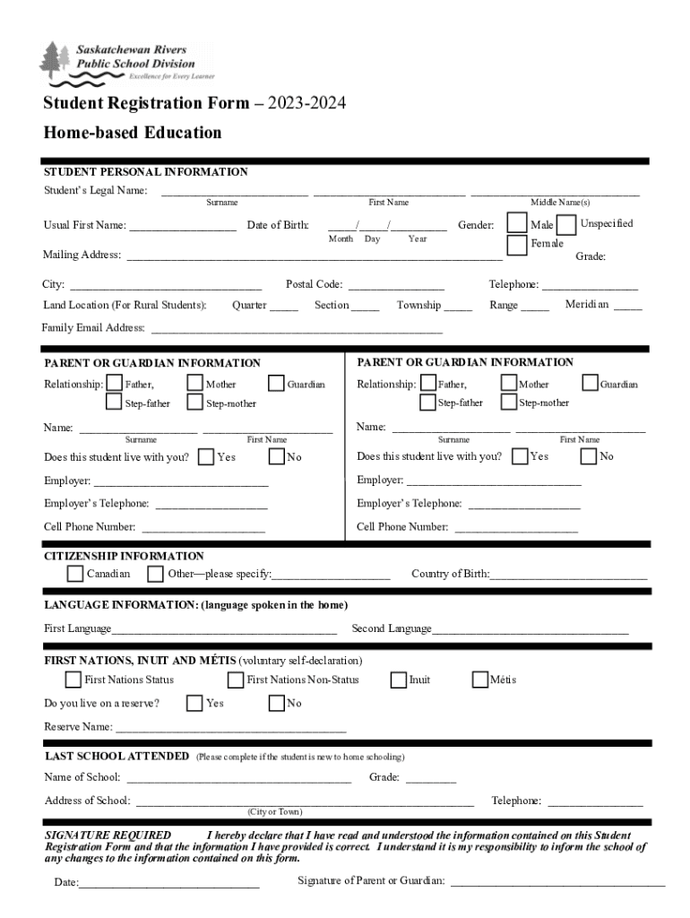 Fillable Online Student Registration Form 2023-2024 Home-based ... Fax ...