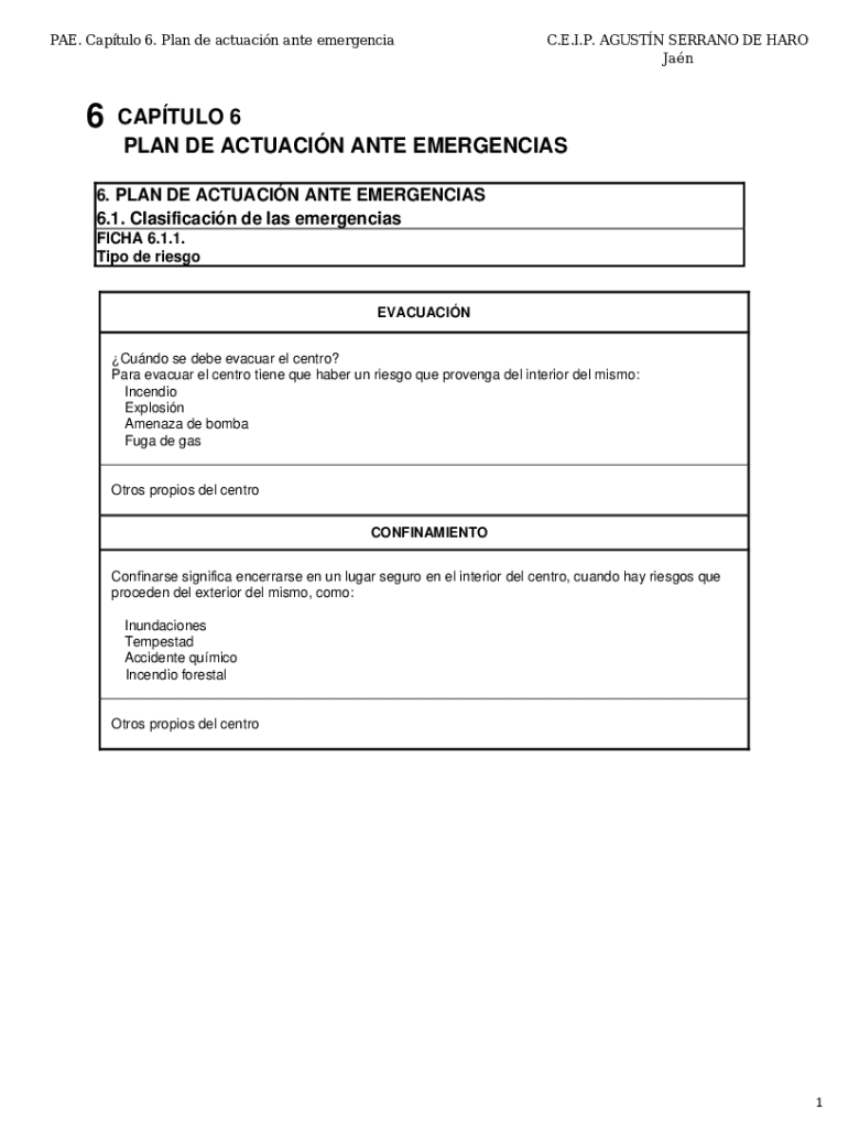 Completable En línea PAE. Captulo 6. Plan de Actuacin ante Emergencia ...