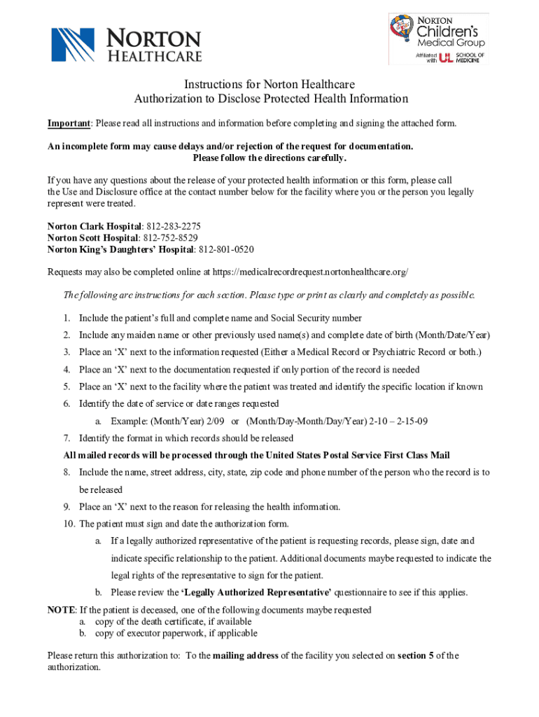 Fillable Online Instructions for Norton Healthcare Authorization to ...
