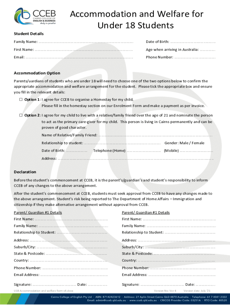 Fillable Online Welfare Arrangements for Students Under the Age of 18 ...