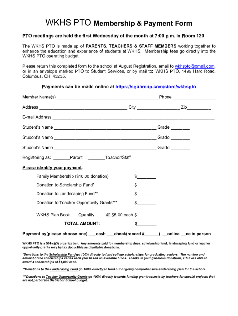 Fillable Online WKHS PTO Membership & Payment Form Fax Email Print ...