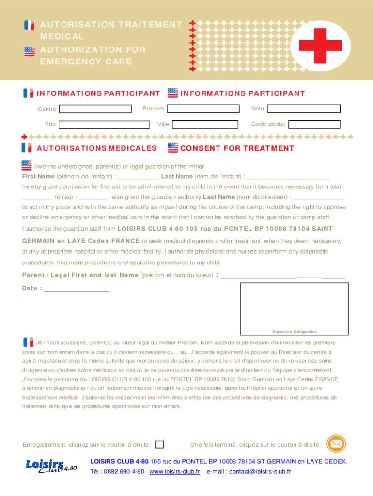 Remplissable En Ligne Authorization to Consent to Medical or Surgical Treatment ... Fax Email ...