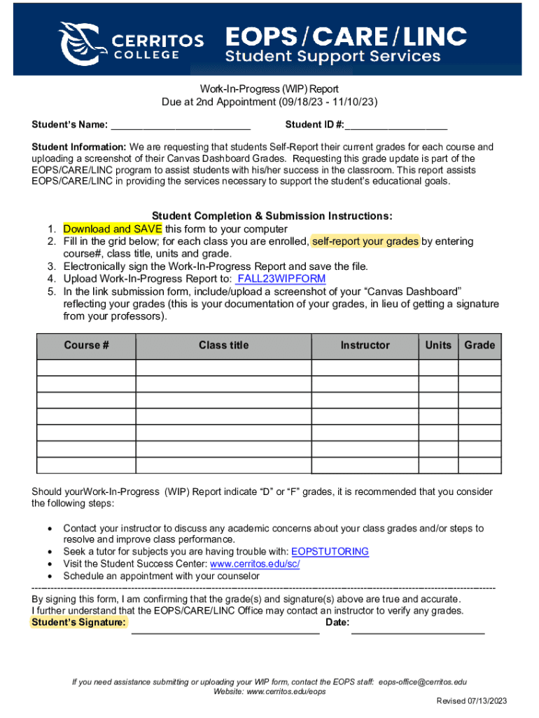 Fillable Online Cerritos College EOPS Work-In-Progress Report. Cerritos College EOPS Work-In ...
