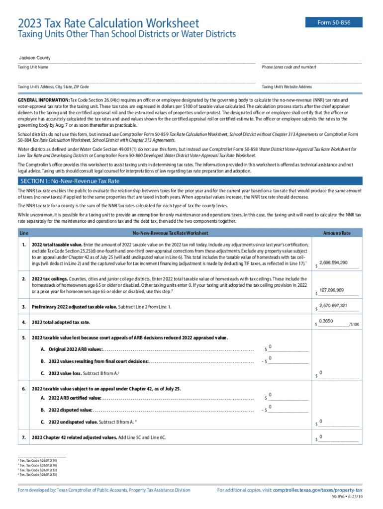 Fillable Online 2023 Tax Rate Calculation Worksheet - Jackson County ...