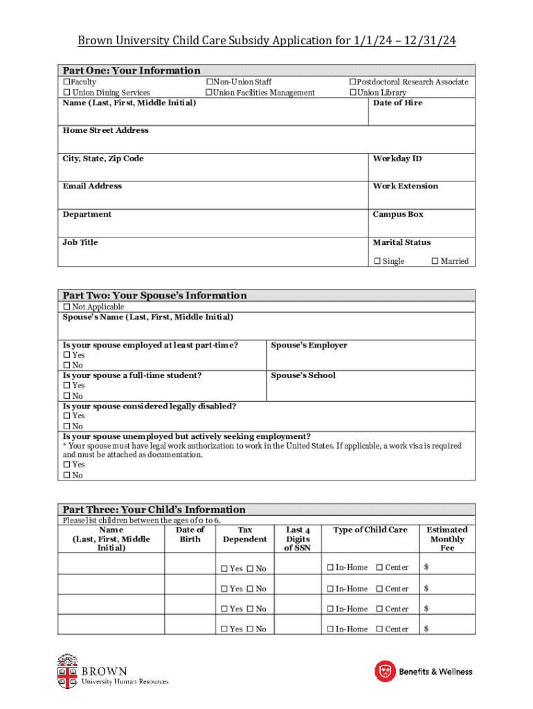 Fillable Online Brown University Child Care Subsidy Application for 1/1 ...