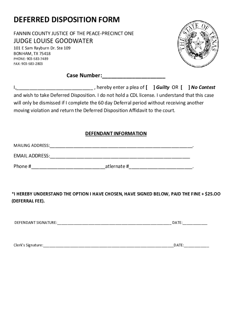 Fillable Online DEFERRED DISPOSITION FORM - Fannin County Fax Email ...
