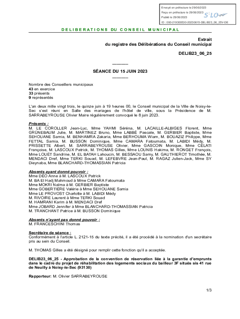 Remplissable En Ligne DELIB230625 - Approbation de la convention de rservation liela garantie d ...