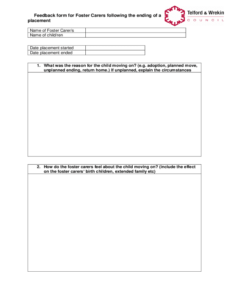 Fillable Online Feedback form for Foster Carers following the ending of a ... Fax Email Print ...