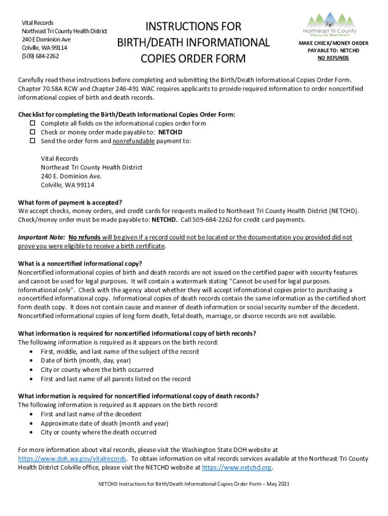Fillable Online INSTRUCTIONS FOR BIRTH/DEATH INFORMATIONAL COPIES ...