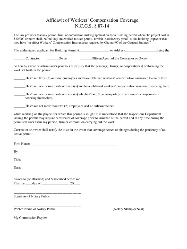 Fillable Online Affidavit of Worker's Compensation for General ...