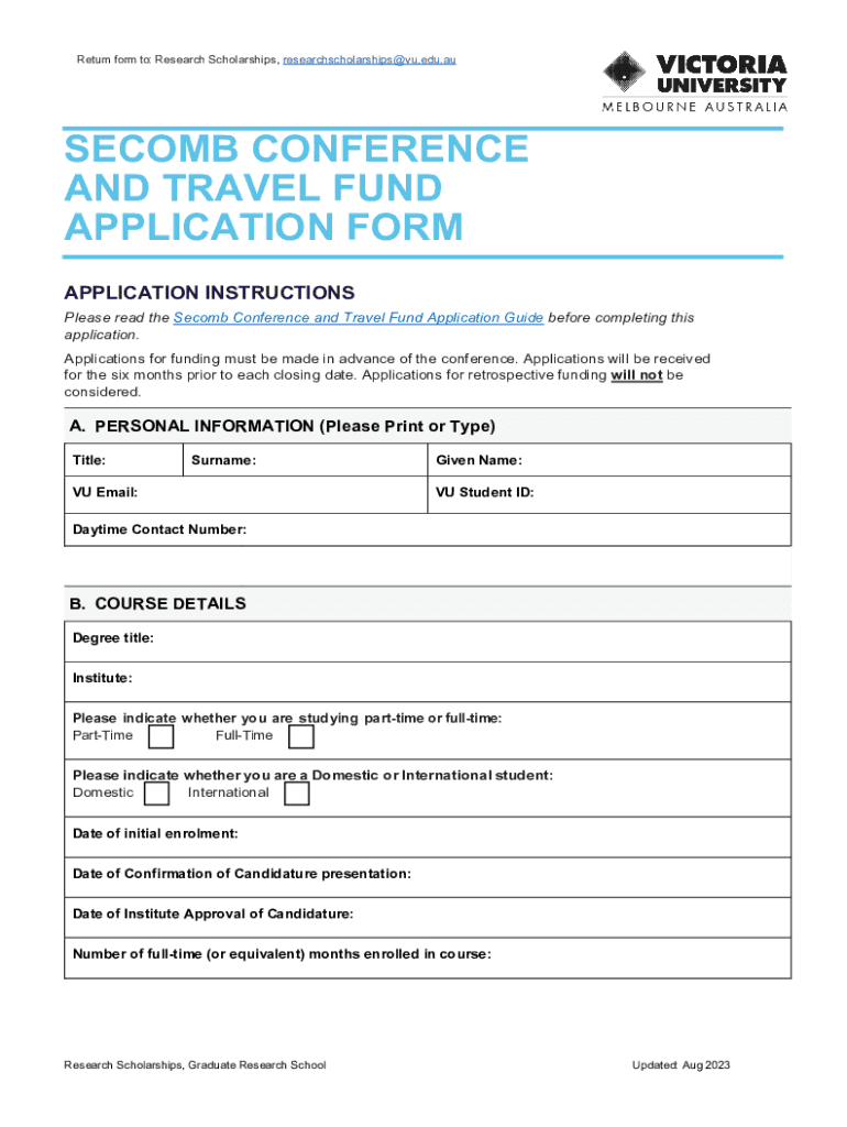 Fillable Online Secomb Conference and Travel Fund application form Fax ...