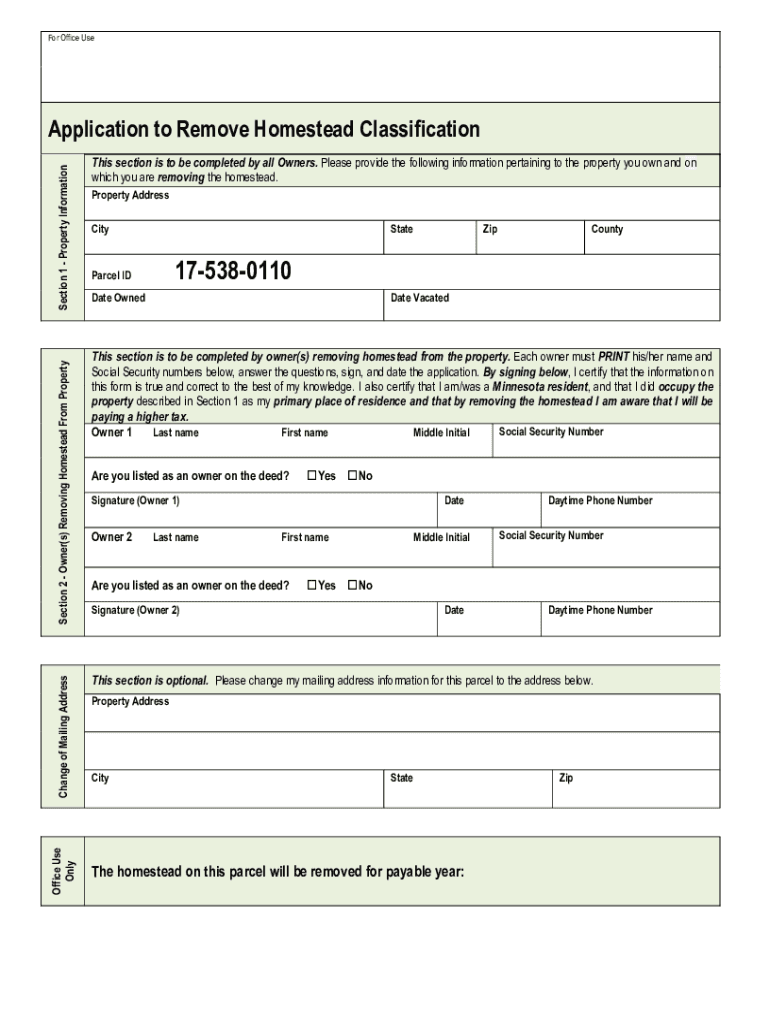 Fillable Online Application to Remove Homestead Classification Fax ...