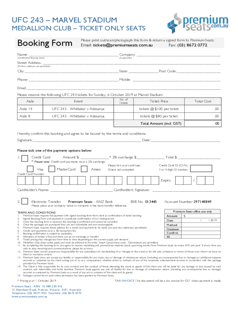 Fillable Online premiumseats com UFC 243 - Marvel Stadium - Medallion ...