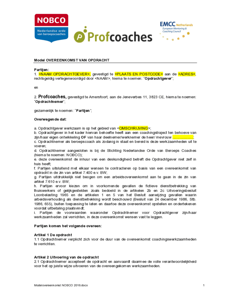 Invulbaar Online Overeenkomst van Opdracht - 2 Sjablonen in Word (Gratis) Faxnummer Email ...