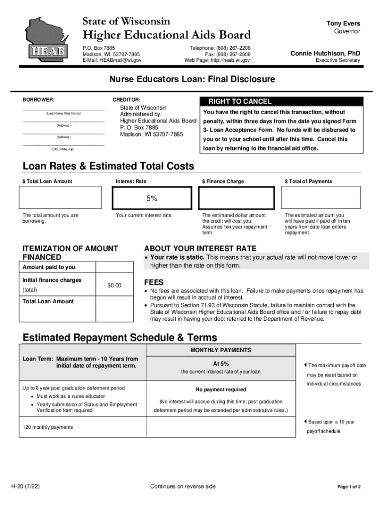 Fillable Online heab state wi Nurse Educators Loan: Final Disclosure Fax Email Print - pdfFiller